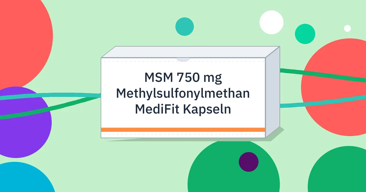 Symbolbild: Packung mit der Aufschrift MSM 750 mg Methylsulfonylmethan MediFit Kapseln (PZN 16085464) – Verfügbarkeit und Bezug in Apotheken in Frankfurt am Main
