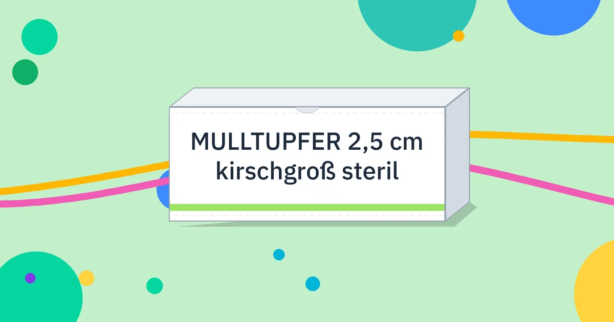 Symbolbild: Packung mit der Aufschrift MULLTUPFER 2,5 cm kirschgroß steril (PZN 17549836) – Verfügbarkeit und Bezug in Apotheken in Frankfurt am Main