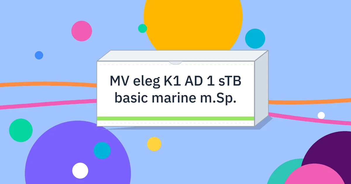 Symbolbild: Packung mit der Aufschrift MV eleg K1 AD 1 sTB basic marine m.Sp. (PZN 14584105) – Verfügbarkeit und Bezug in Apotheken in Frankfurt am Main