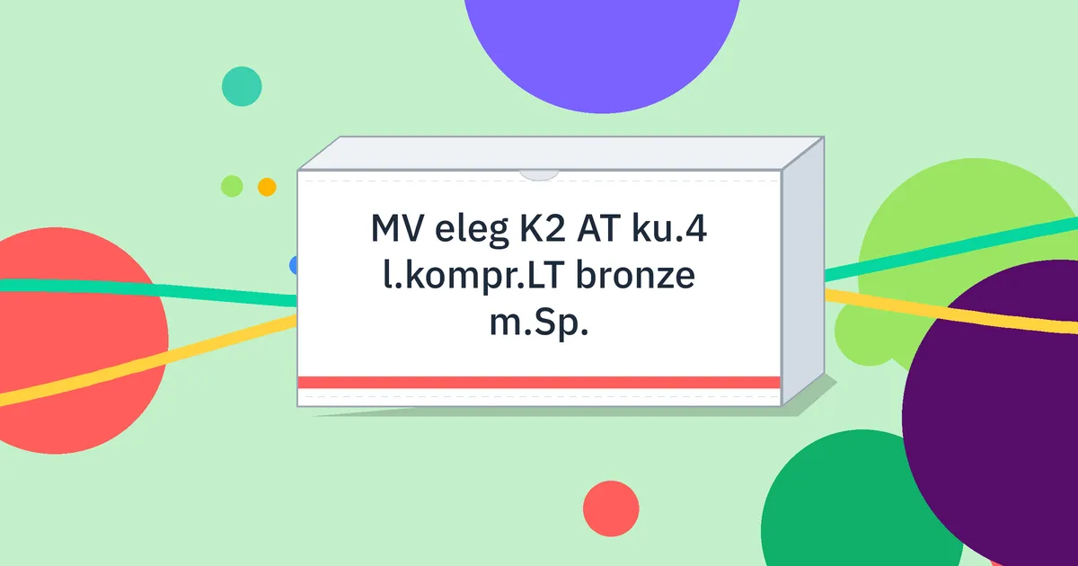 Symbolbild: Packung mit der Aufschrift MV eleg K2 AT ku.4 l.kompr.LT bronze m.Sp. (PZN 15287421) – Verfügbarkeit und Bezug in Apotheken in Frankfurt am Main