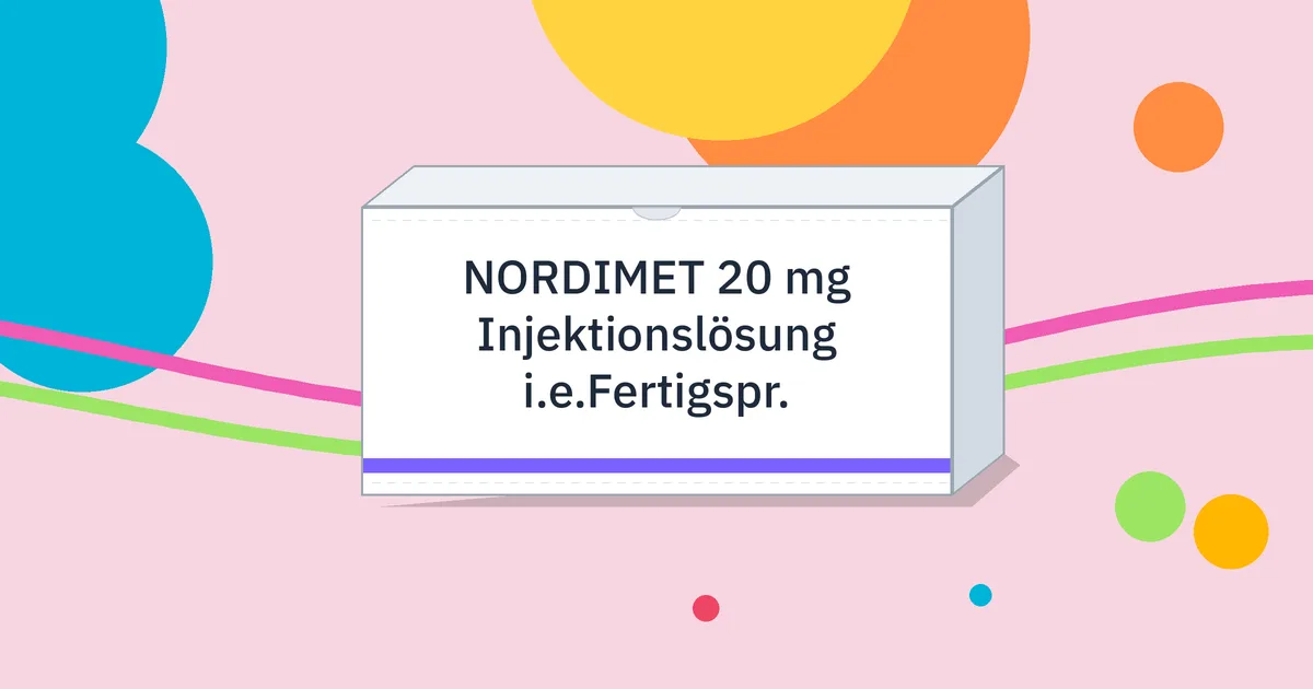 Symbolbild: Packung mit der Aufschrift NORDIMET 20 mg Injektionslösung i.e.Fertigspr. (PZN 15264940) – Verfügbarkeit und Bezug in Apotheken in Frankfurt am Main
