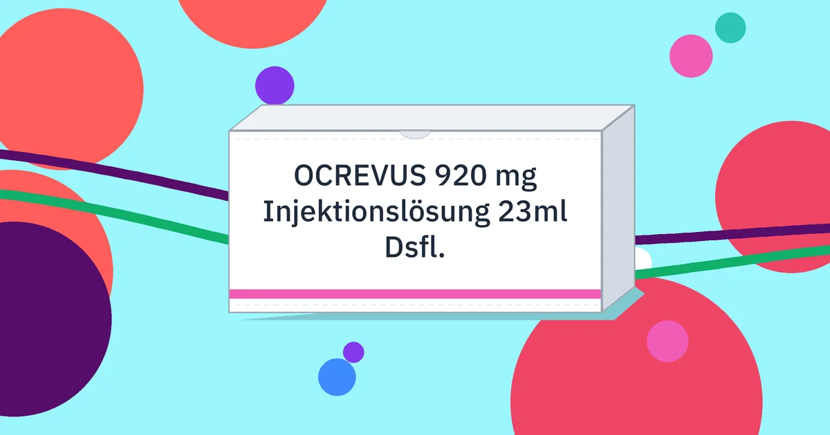 Symbolbild: Packung mit der Aufschrift OCREVUS 920 mg Injektionslösung 23ml Dsfl. (PZN 19945186) – Verfügbarkeit und Bezug in Apotheken in Frankfurt am Main