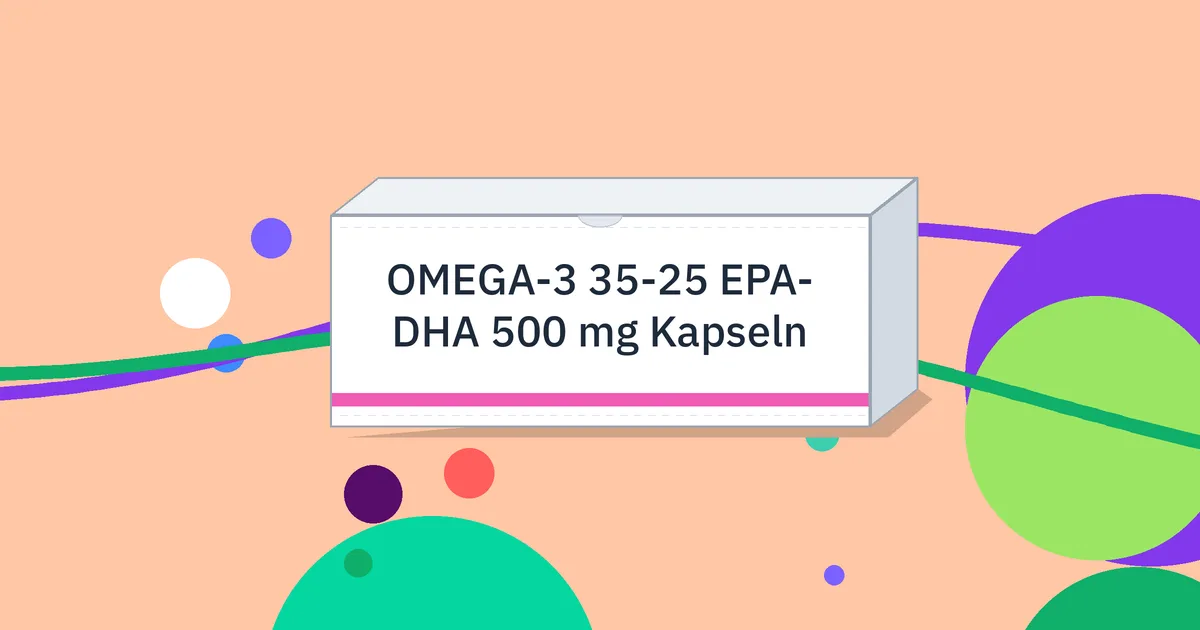 Symbolbild: Packung mit der Aufschrift OMEGA-3 35-25 EPA-DHA 500 mg Kapseln (PZN 18167114) – Verfügbarkeit und Bezug in Apotheken in Frankfurt am Main