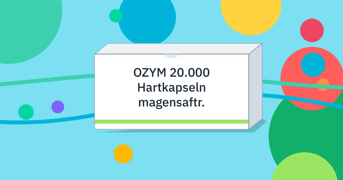 Symbolbild: Packung mit der Aufschrift OZYM 20.000 Hartkapseln magensaftr. (PZN 06958112) – Verfügbarkeit und Bezug in Apotheken in Frankfurt am Main