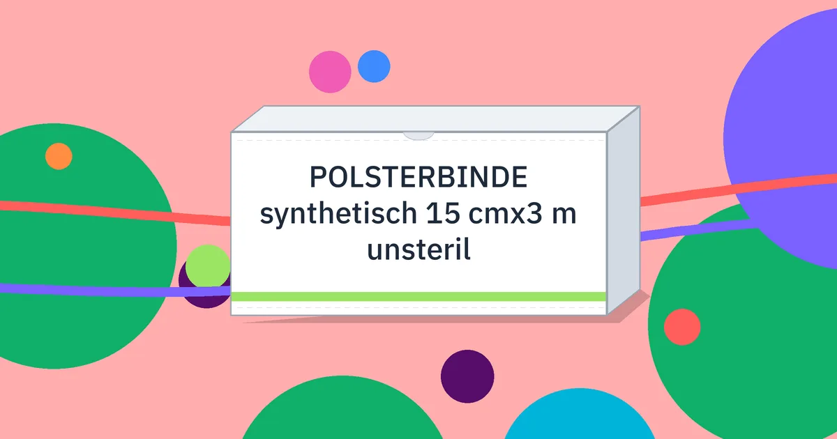 Symbolbild: Packung mit der Aufschrift POLSTERBINDE synthetisch 15 cmx3 m unsteril (PZN 11058712) – Verfügbarkeit und Bezug in Apotheken in Frankfurt am Main