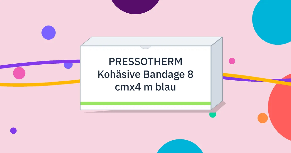 Symbolbild: Packung mit der Aufschrift PRESSOTHERM Kohäsive Bandage 8 cmx4 m blau (PZN 02002440) – Verfügbarkeit und Bezug in Apotheken in Frankfurt am Main
