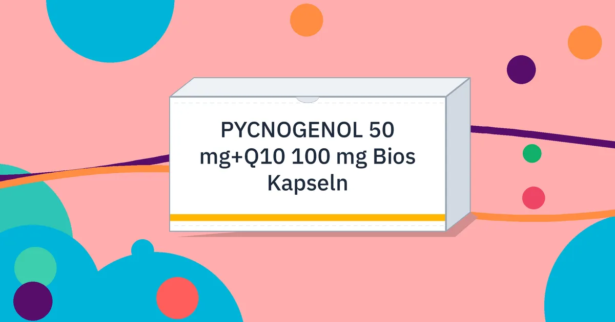 Symbolbild: Packung mit der Aufschrift PYCNOGENOL 50 mg+Q10 100 mg Bios Kapseln (PZN 01161567) – Verfügbarkeit und Bezug in Apotheken in Frankfurt am Main