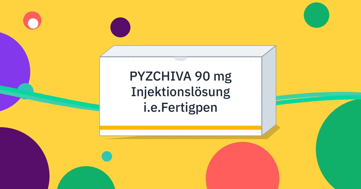 Symbolbild: Packung mit der Aufschrift PYZCHIVA 90 mg Injektionslösung i.e.Fertigpen (PZN 20298912) – Verfügbarkeit und Bezug in Apotheken in Frankfurt am Main