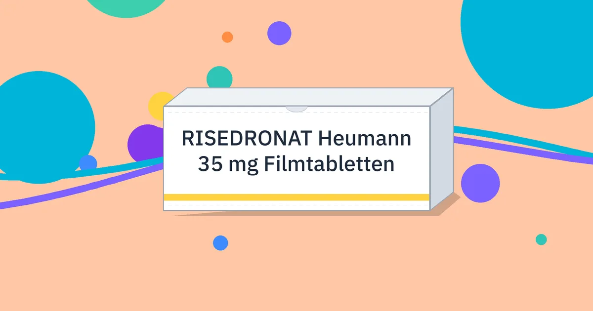 Symbolbild: Packung mit der Aufschrift RISEDRONAT Heumann 35 mg Filmtabletten (PZN 20123012) – Verfügbarkeit und Bezug in Apotheken in Frankfurt am Main
