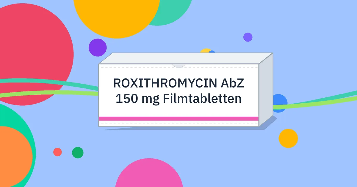 Symbolbild: Packung mit der Aufschrift ROXITHROMYCIN AbZ 150 mg Filmtabletten (PZN 00094260) – Verfügbarkeit und Bezug in Apotheken in Frankfurt am Main