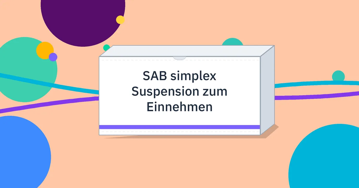 Symbolbild: Packung mit der Aufschrift SAB simplex Suspension zum Einnehmen (PZN 04434540) – Verfügbarkeit und Bezug in Apotheken in Frankfurt am Main