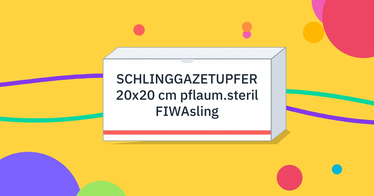 Symbolbild: Packung mit der Aufschrift SCHLINGGAZETUPFER 20x20 cm pflaum.steril FIWAsling (PZN 14305772) – Verfügbarkeit und Bezug in Apotheken in Frankfurt am Main