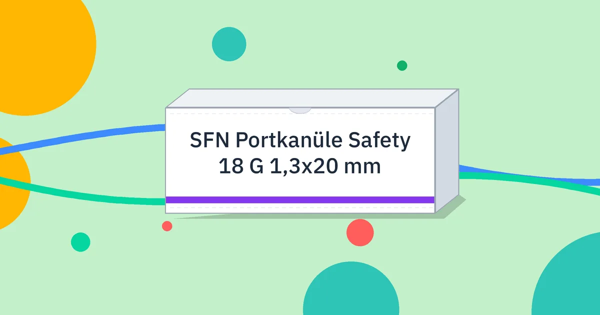 Symbolbild: Packung mit der Aufschrift SFN Portkanüle Safety 18 G 1,3x20 mm (PZN 07746257) – Verfügbarkeit und Bezug in Apotheken in Frankfurt am Main