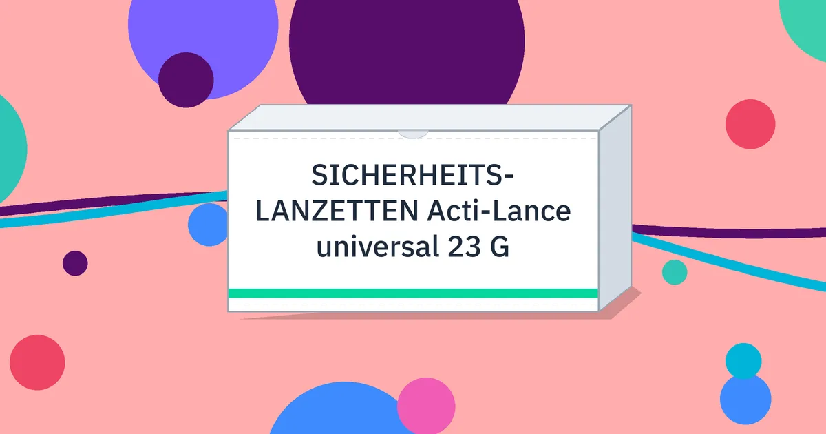 Symbolbild: Packung mit der Aufschrift SICHERHEITS-LANZETTEN Acti-Lance universal 23 G (PZN 19703738) – Verfügbarkeit und Bezug in Apotheken in Frankfurt am Main