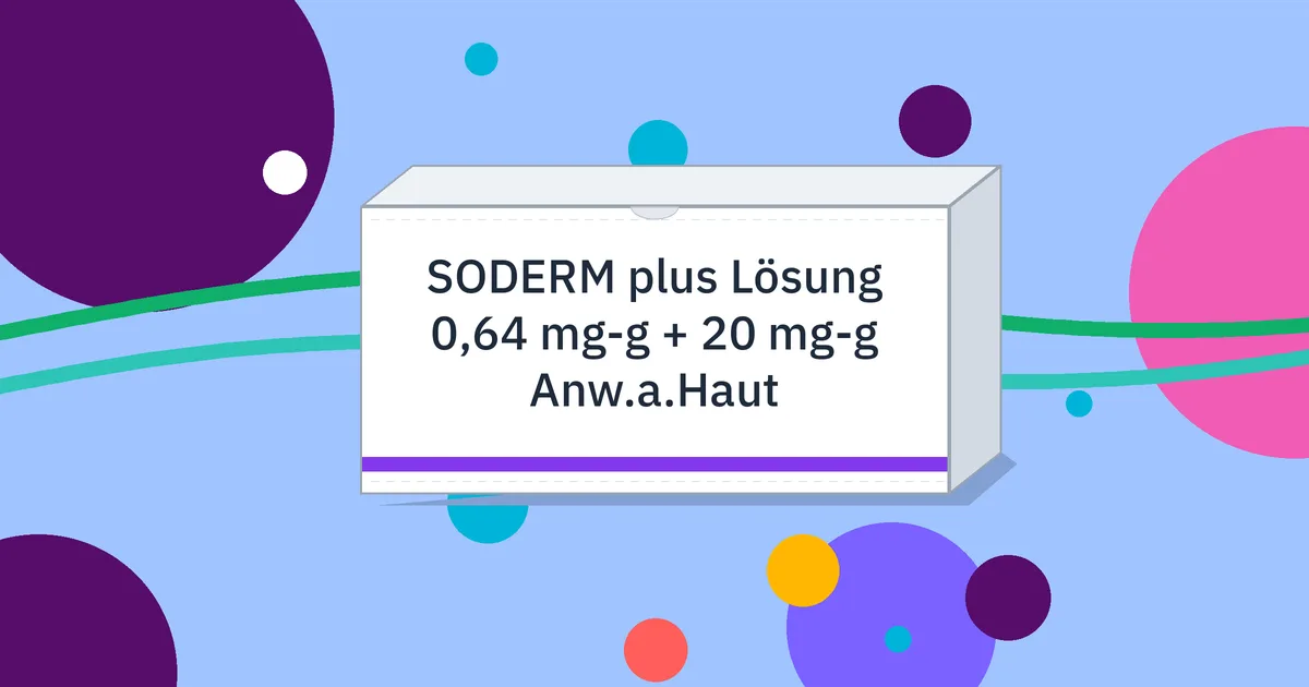 Symbolbild: Packung mit der Aufschrift SODERM plus Lösung 0,64 mg-g + 20 mg-g Anw.a.Haut (PZN 11293502) – Verfügbarkeit und Bezug in Apotheken in Frankfurt am Main
