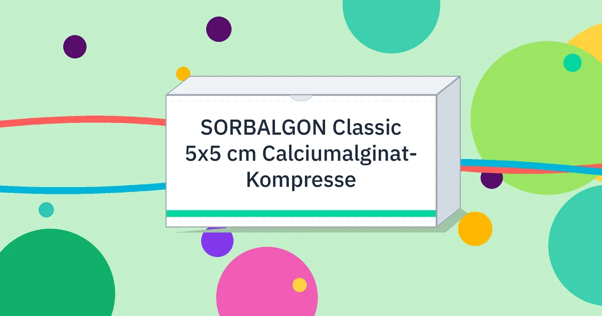 Symbolbild: Packung mit der Aufschrift SORBALGON Classic 5x5 cm Calciumalginat-Kompresse (PZN 20573927) – Verfügbarkeit und Bezug in Apotheken in Frankfurt am Main