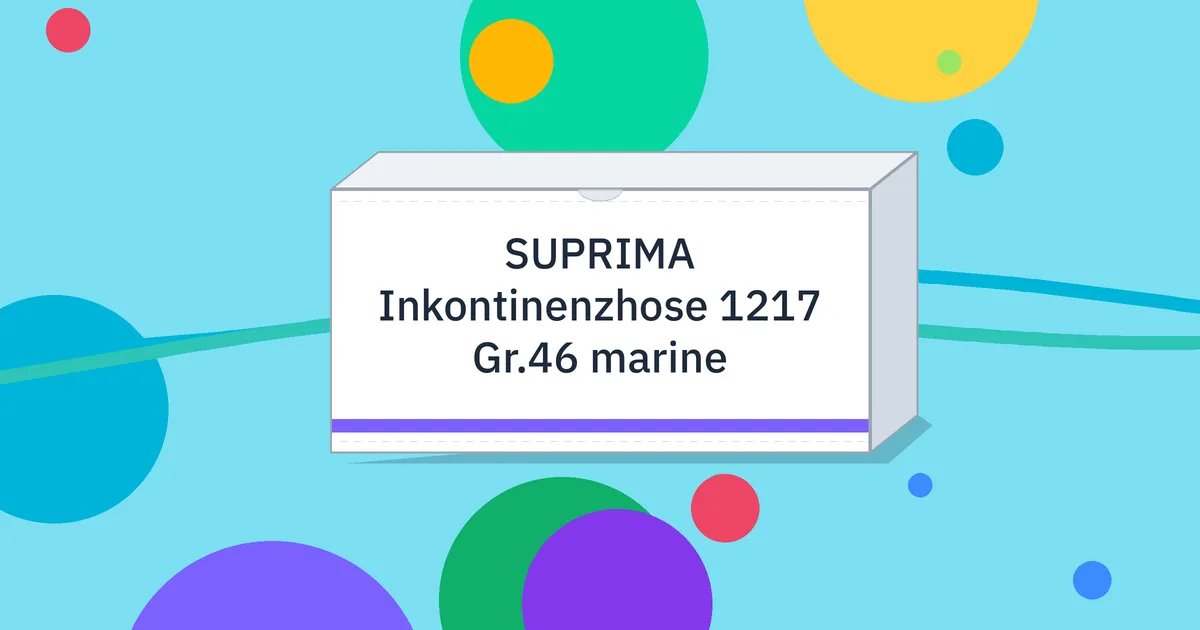 Symbolbild: Packung mit der Aufschrift SUPRIMA Inkontinenzhose 1217 Gr.46 marine (PZN 19174352) – Verfügbarkeit und Bezug in Apotheken in Frankfurt am Main
