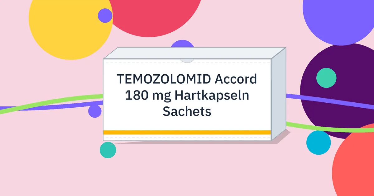 Symbolbild: Packung mit der Aufschrift TEMOZOLOMID Accord 180 mg Hartkapseln Sachets (PZN 18194358) – Verfügbarkeit und Bezug in Apotheken in Frankfurt am Main