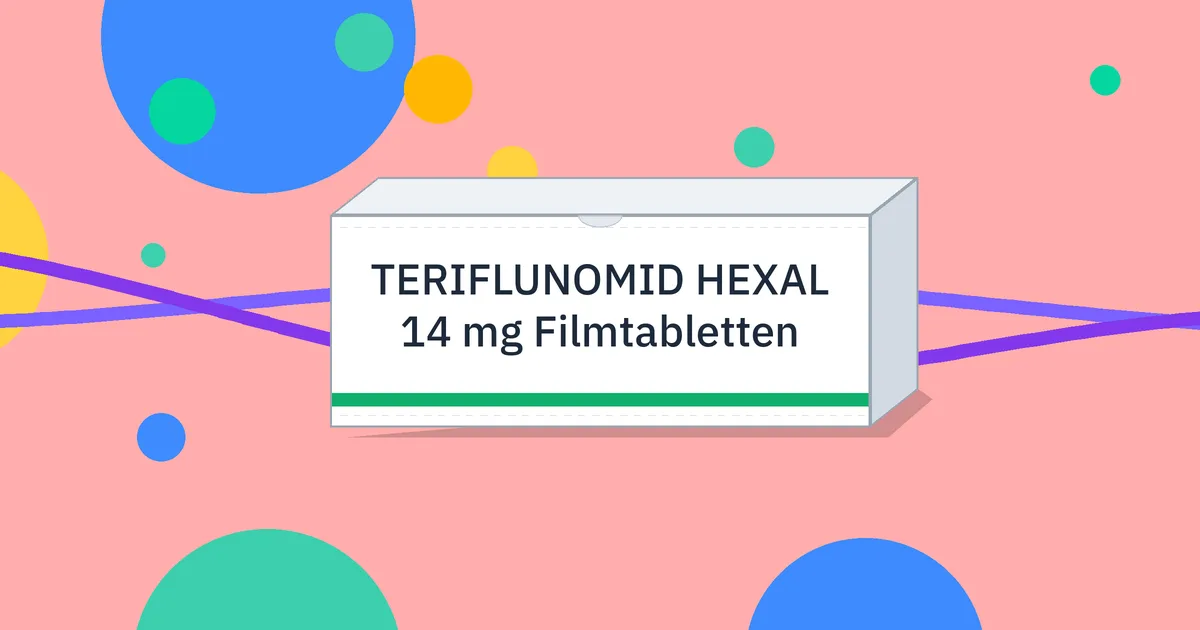 Symbolbild: Packung mit der Aufschrift TERIFLUNOMID HEXAL 14 mg Filmtabletten (PZN 18229430) – Verfügbarkeit und Bezug in Apotheken in Frankfurt am Main