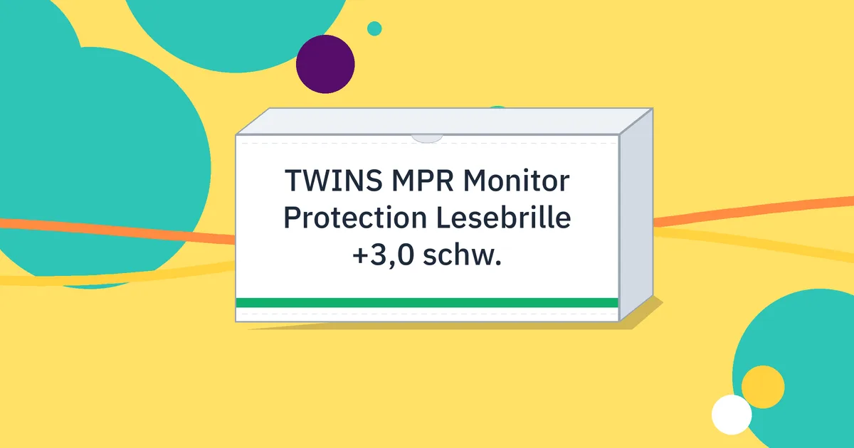 Symbolbild: Packung mit der Aufschrift TWINS MPR Monitor Protection Lesebrille +3,0 schw. (PZN 13344296) – Verfügbarkeit und Bezug in Apotheken in Frankfurt am Main