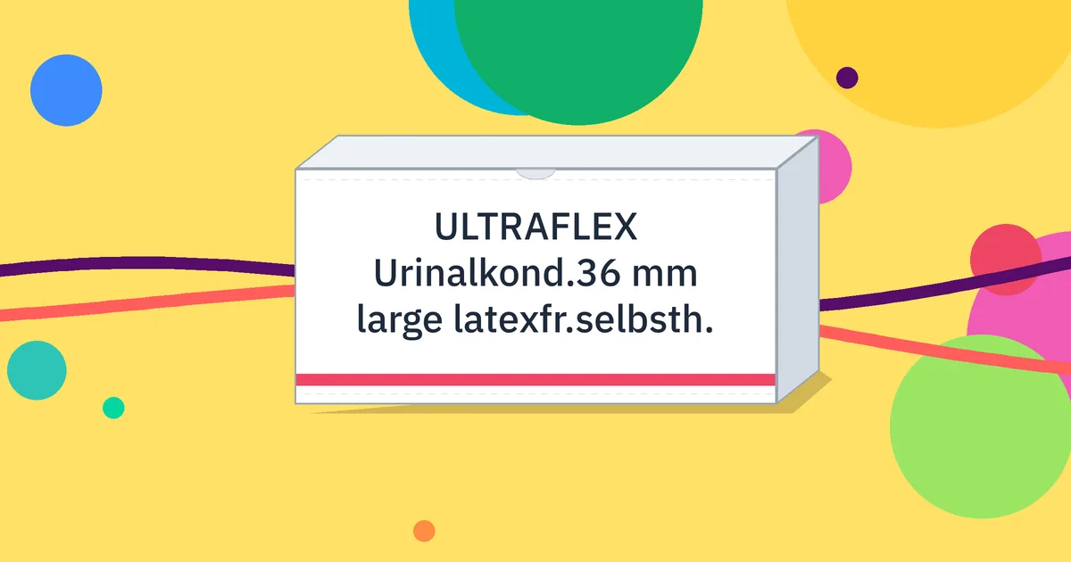 Symbolbild: Packung mit der Aufschrift ULTRAFLEX Urinalkond.36 mm large latexfr.selbsth. (PZN 00671378) – Verfügbarkeit und Bezug in Apotheken in Frankfurt am Main