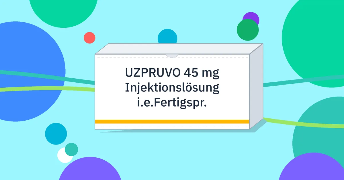 Symbolbild: Packung mit der Aufschrift UZPRUVO 45 mg Injektionslösung i.e.Fertigspr. (PZN 20231782) – Verfügbarkeit und Bezug in Apotheken in Frankfurt am Main