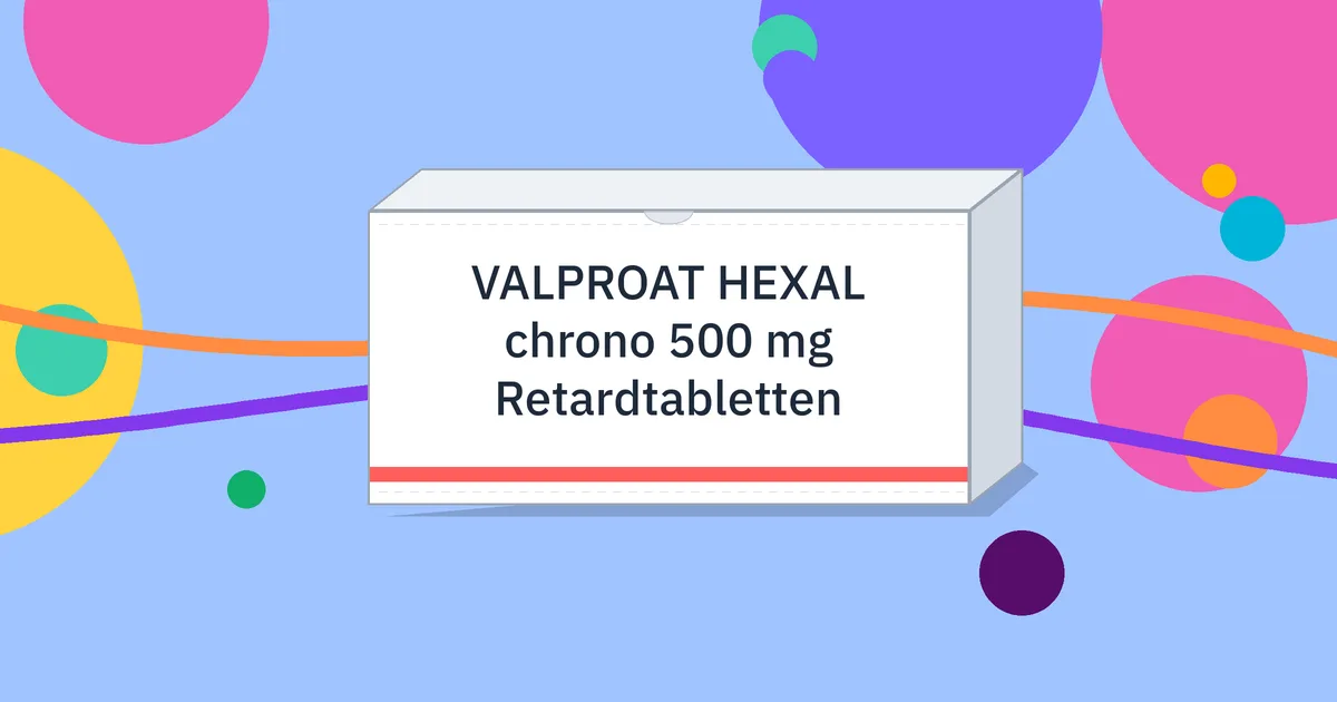 Symbolbild: Packung mit der Aufschrift VALPROAT HEXAL chrono 500 mg Retardtabletten (PZN 01044100) – Verfügbarkeit und Bezug in Apotheken in Frankfurt am Main