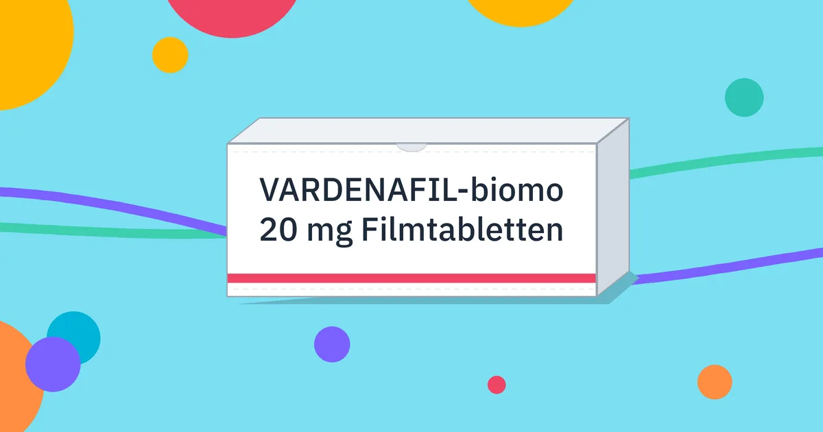 Symbolbild: Packung mit der Aufschrift VARDENAFIL-biomo 20 mg Filmtabletten (PZN 14413243) – Verfügbarkeit und Bezug in Apotheken in Frankfurt am Main