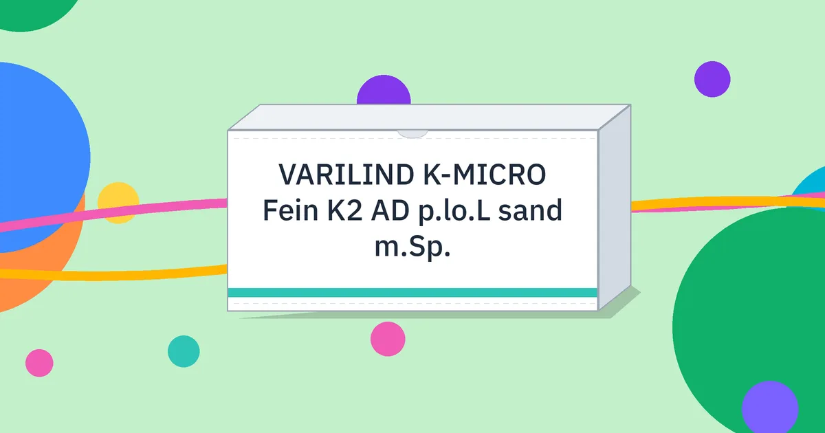 Symbolbild: Packung mit der Aufschrift VARILIND K-MICRO Fein K2 AD p.lo.L sand m.Sp. (PZN 20558626) – Verfügbarkeit und Bezug in Apotheken in Frankfurt am Main
