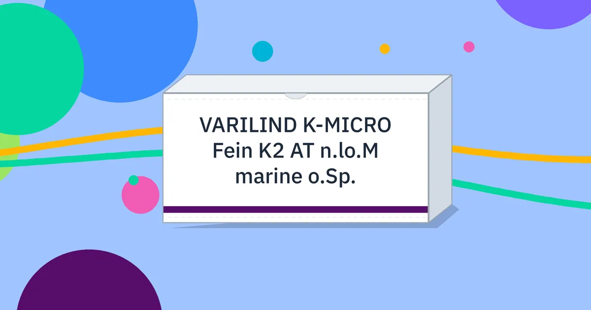 Symbolbild: Packung mit der Aufschrift VARILIND K-MICRO Fein K2 AT n.lo.M marine o.Sp. (PZN 20553528) – Verfügbarkeit und Bezug in Apotheken in Frankfurt am Main