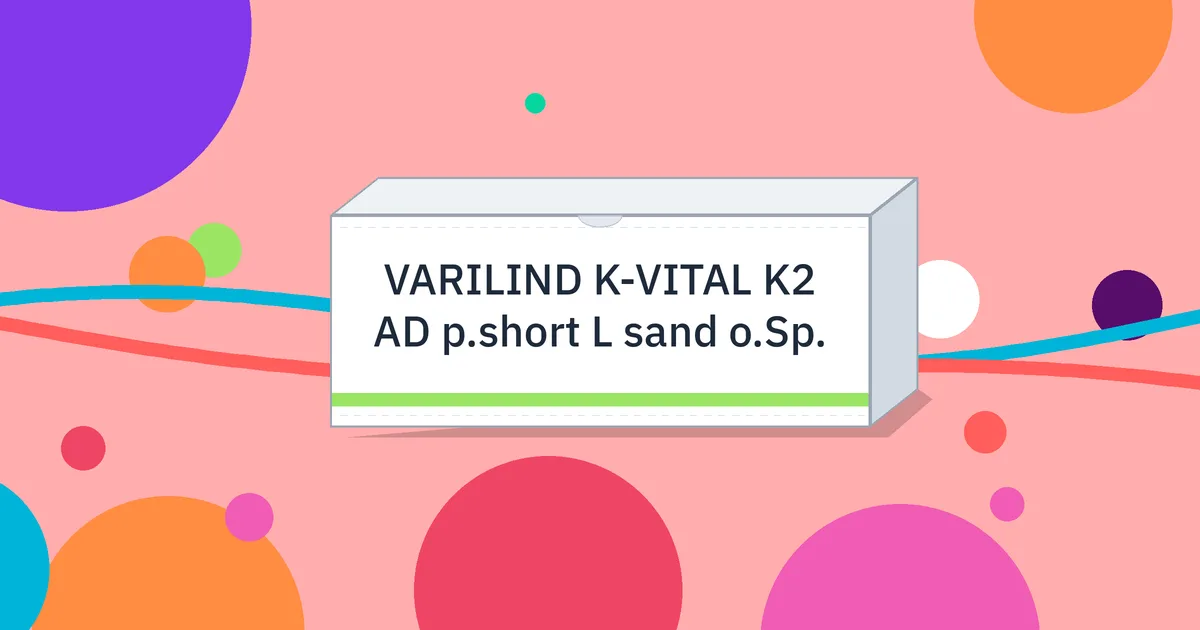 Symbolbild: Packung mit der Aufschrift VARILIND K-VITAL K2 AD p.short L sand o.Sp. (PZN 20567654) – Verfügbarkeit und Bezug in Apotheken in Frankfurt am Main