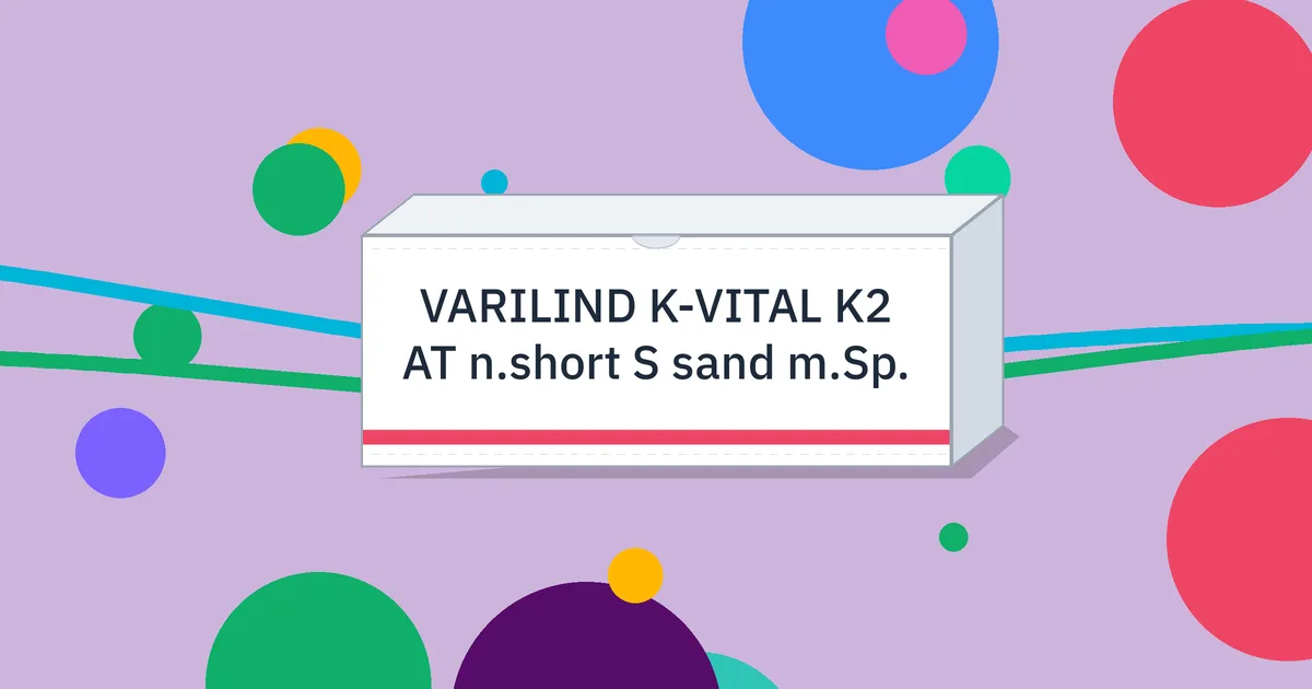 Symbolbild: Packung mit der Aufschrift VARILIND K-VITAL K2 AT n.short S sand m.Sp. (PZN 20561083) – Verfügbarkeit und Bezug in Apotheken in Frankfurt am Main
