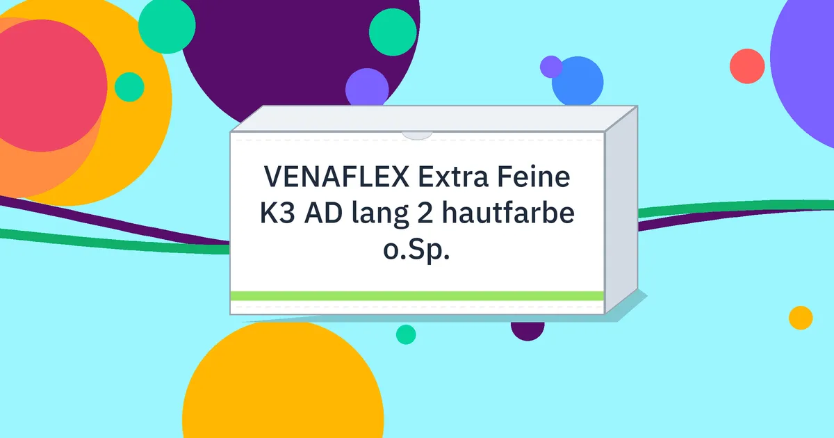 Symbolbild: Packung mit der Aufschrift VENAFLEX Extra Feine K3 AD lang 2 hautfarbe o.Sp. (PZN 18308017) – Verfügbarkeit und Bezug in Apotheken in Frankfurt am Main