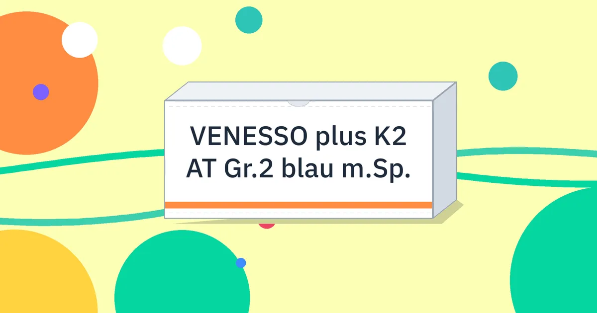 Symbolbild: Packung mit der Aufschrift VENESSO plus K2 AT Gr.2 blau m.Sp. (PZN 03287574) – Verfügbarkeit und Bezug in Apotheken in Frankfurt am Main