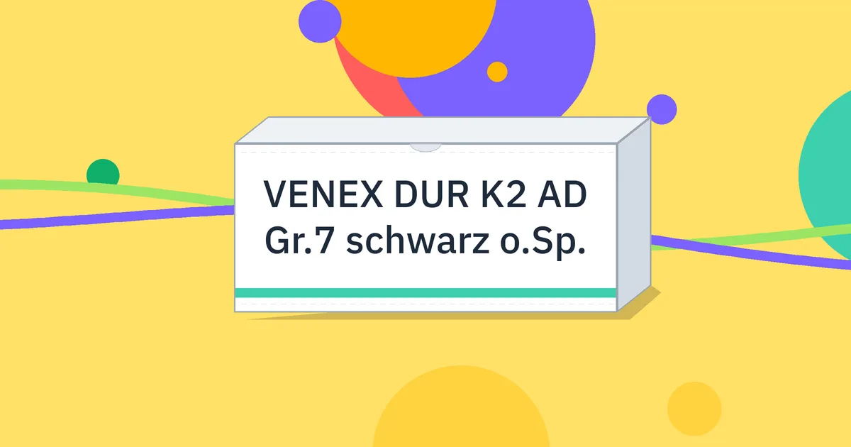 Symbolbild: Packung mit der Aufschrift VENEX DUR K2 AD Gr.7 schwarz o.Sp. (PZN 03212412) – Verfügbarkeit und Bezug in Apotheken in Frankfurt am Main