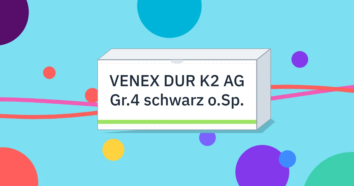 Symbolbild: Packung mit der Aufschrift VENEX DUR K2 AG Gr.4 schwarz o.Sp. (PZN 03217556) – Verfügbarkeit und Bezug in Apotheken in Frankfurt am Main