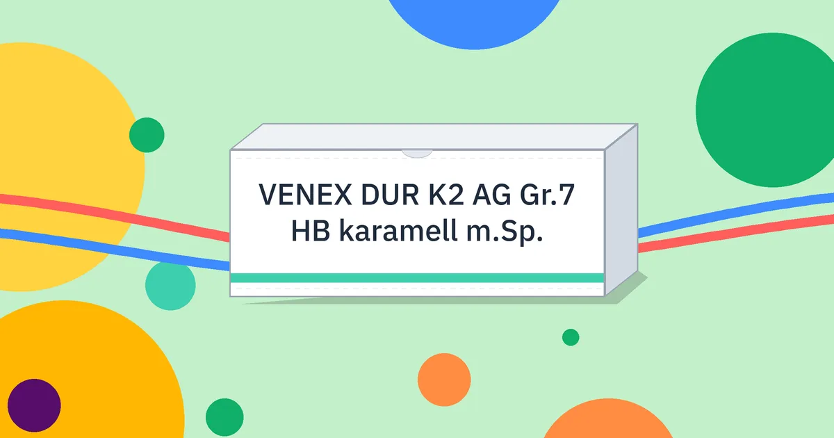 Symbolbild: Packung mit der Aufschrift VENEX DUR K2 AG Gr.7 HB karamell m.Sp. (PZN 13757785) – Verfügbarkeit und Bezug in Apotheken in Frankfurt am Main