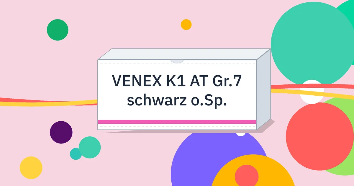 Symbolbild: Packung mit der Aufschrift VENEX K1 AT Gr.7 schwarz o.Sp. (PZN 03198652) – Verfügbarkeit und Bezug in Apotheken in Frankfurt am Main