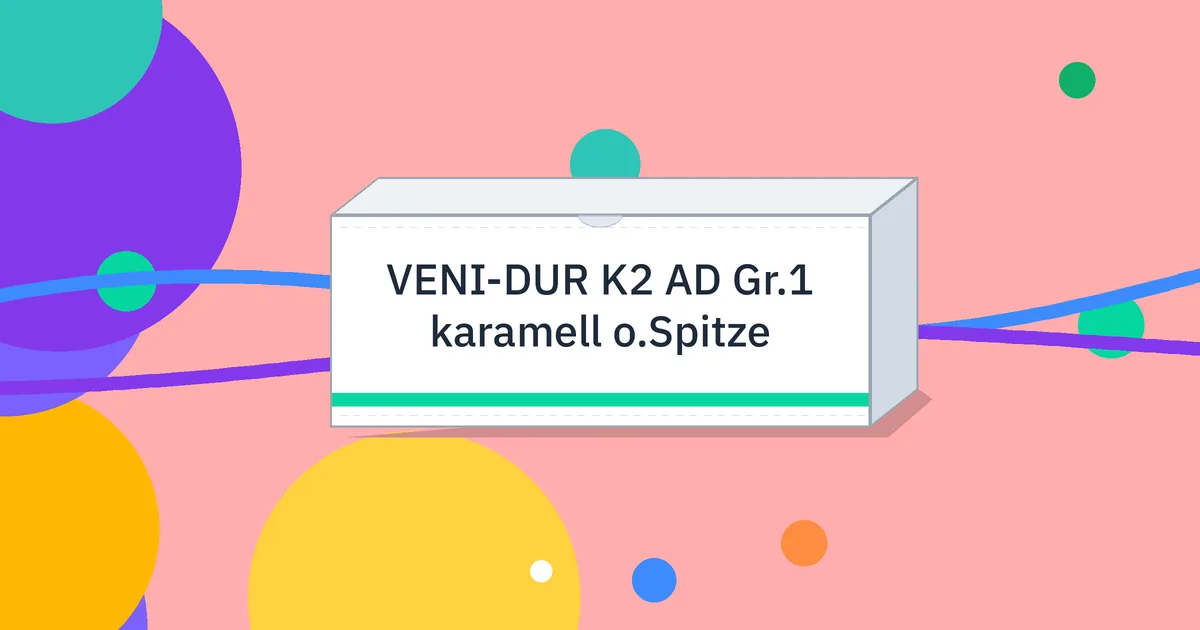 Symbolbild: Packung mit der Aufschrift VENI-DUR K2 AD Gr.1 karamell o.Spitze (PZN 13756248) – Verfügbarkeit und Bezug in Apotheken in Frankfurt am Main