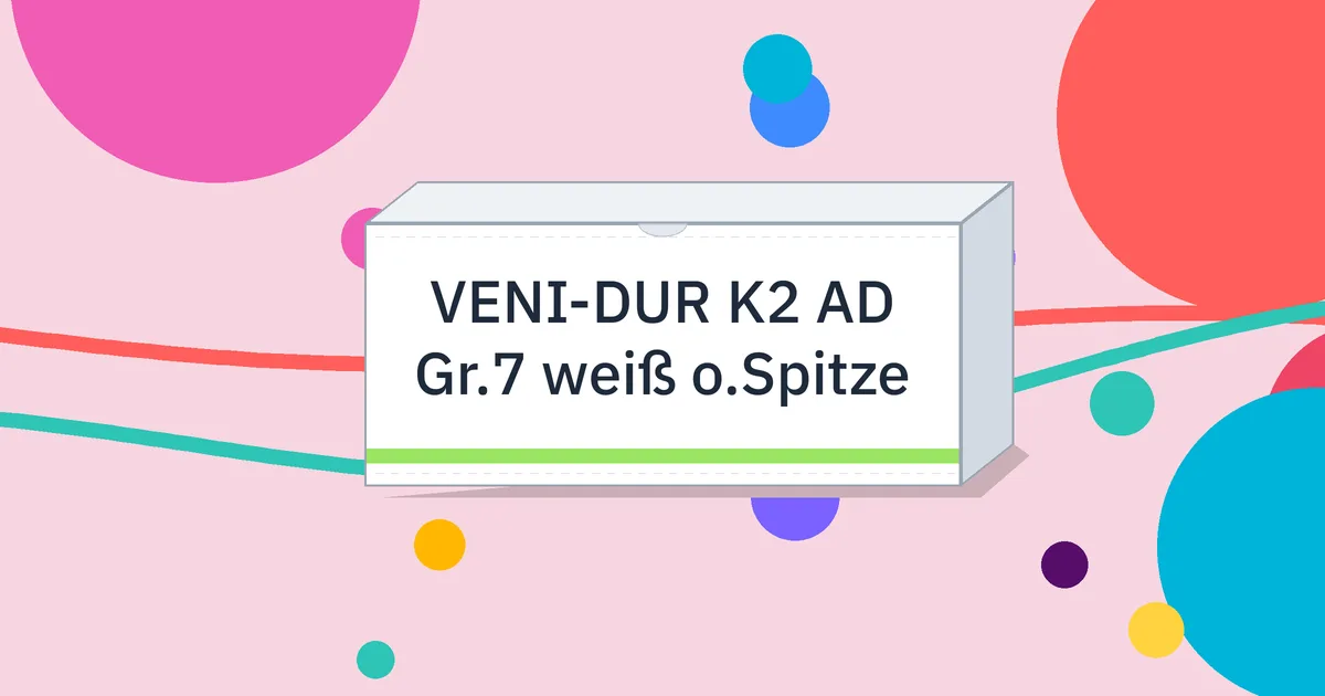 Symbolbild: Packung mit der Aufschrift VENI-DUR K2 AD Gr.7 weiß o.Spitze (PZN 03243559) – Verfügbarkeit und Bezug in Apotheken in Frankfurt am Main