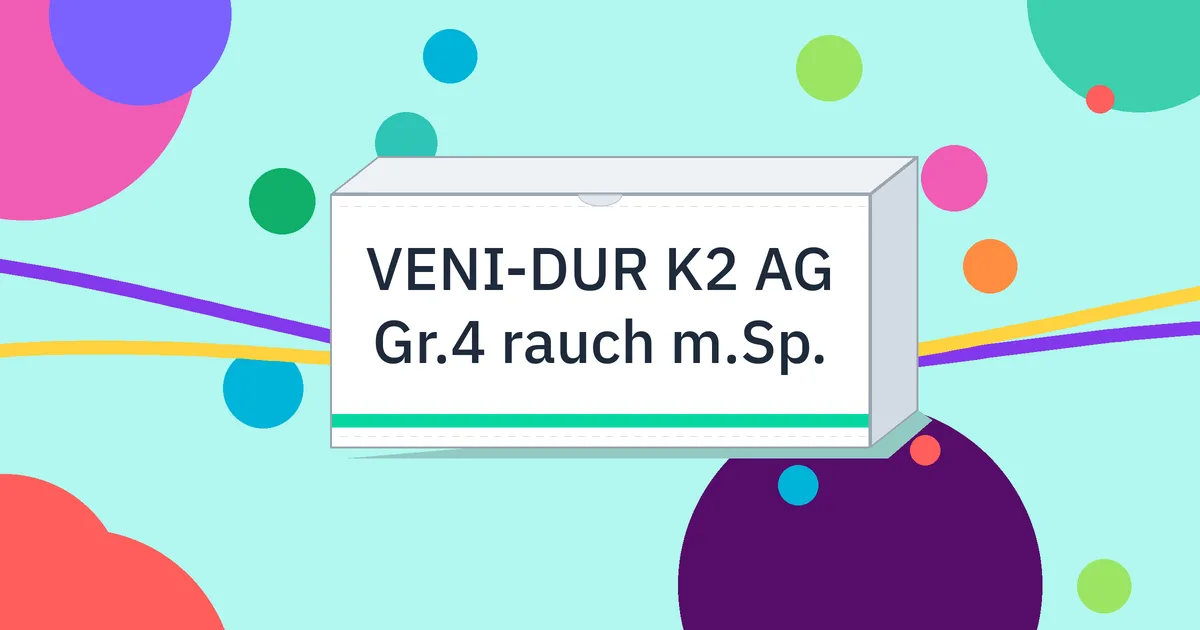 Symbolbild: Packung mit der Aufschrift VENI-DUR K2 AG Gr.4 rauch m.Sp. (PZN 08685150) – Verfügbarkeit und Bezug in Apotheken in Frankfurt am Main