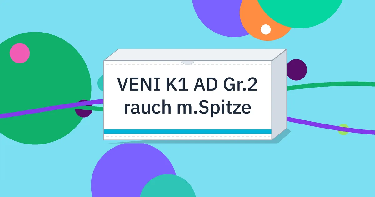 Symbolbild: Packung mit der Aufschrift VENI K1 AD Gr.2 rauch m.Spitze (PZN 08673253) – Verfügbarkeit und Bezug in Apotheken in Frankfurt am Main
