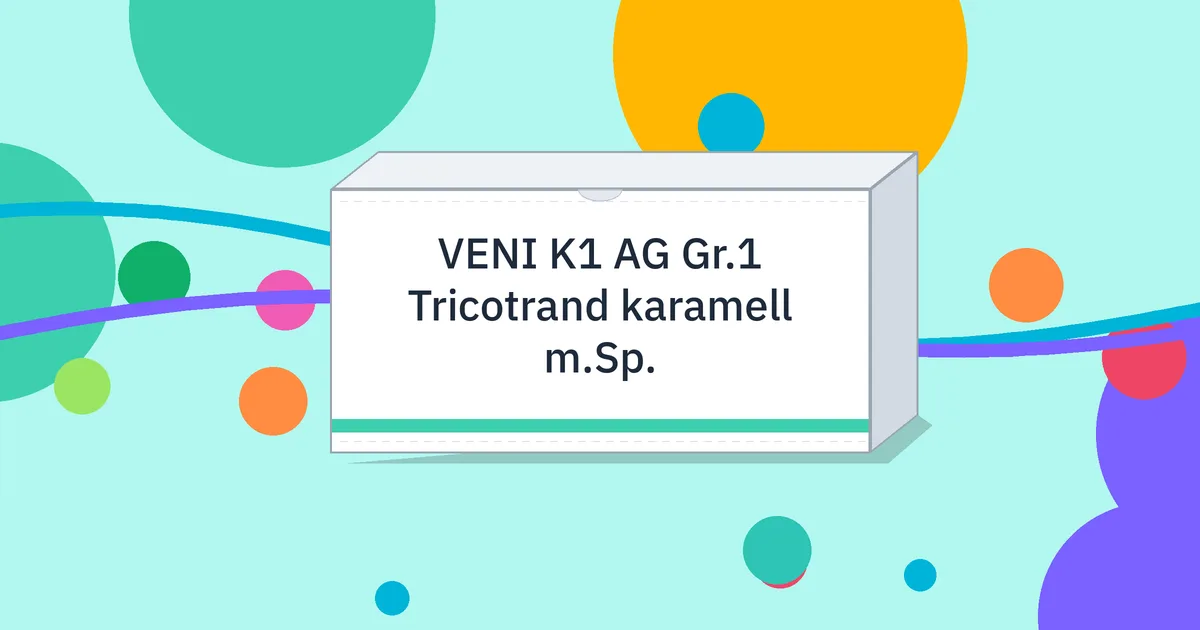 Symbolbild: Packung mit der Aufschrift VENI K1 AG Gr.1 Tricotrand karamell m.Sp. (PZN 13762183) – Verfügbarkeit und Bezug in Apotheken in Frankfurt am Main