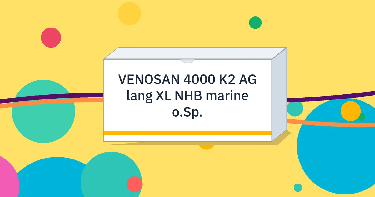 Symbolbild: Packung mit der Aufschrift VENOSAN 4000 K2 AG lang XL NHB marine o.Sp. (PZN 16602221) – Verfügbarkeit und Bezug in Apotheken in Frankfurt am Main