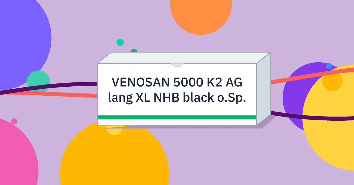 Symbolbild: Packung mit der Aufschrift VENOSAN 5000 K2 AG lang XL NHB black o.Sp. (PZN 14433636) – Verfügbarkeit und Bezug in Apotheken in Frankfurt am Main