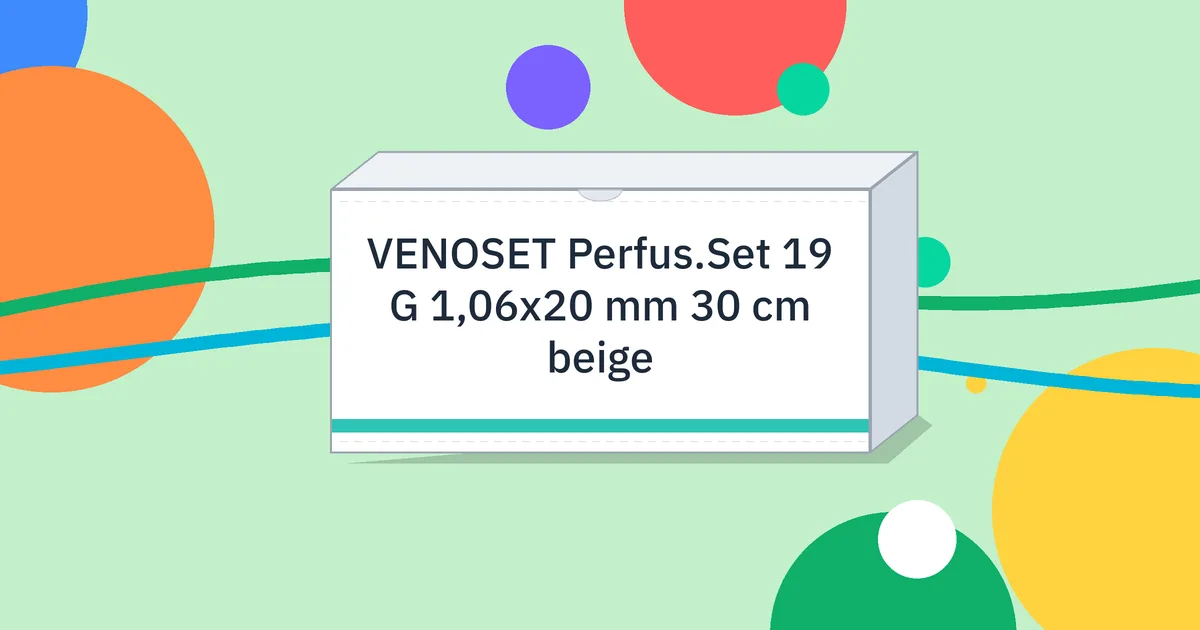 Symbolbild: Packung mit der Aufschrift VENOSET Perfus.Set 19 G 1,06x20 mm 30 cm beige (PZN 13846715) – Verfügbarkeit und Bezug in Apotheken in Frankfurt am Main