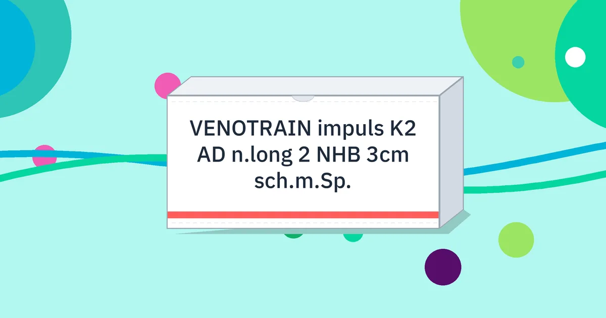 Symbolbild: Packung mit der Aufschrift VENOTRAIN impuls K2 AD n.long 2 NHB 3cm sch.m.Sp. (PZN 00651200) – Verfügbarkeit und Bezug in Apotheken in Frankfurt am Main