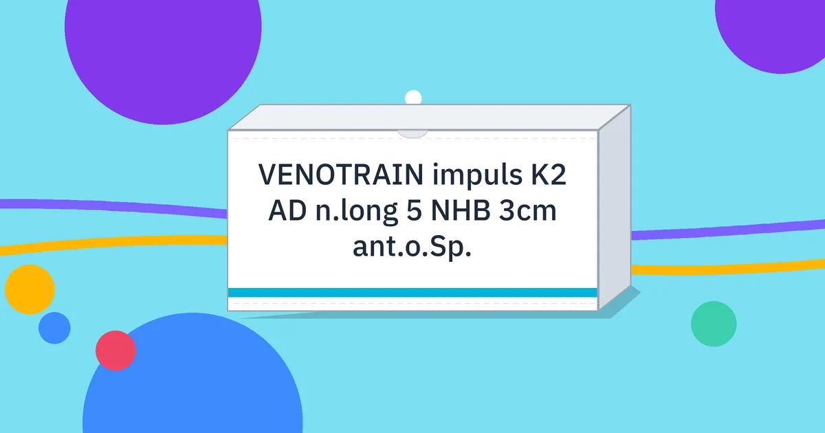 Symbolbild: Packung mit der Aufschrift VENOTRAIN impuls K2 AD n.long 5 NHB 3cm ant.o.Sp. (PZN 15224426) – Verfügbarkeit und Bezug in Apotheken in Frankfurt am Main