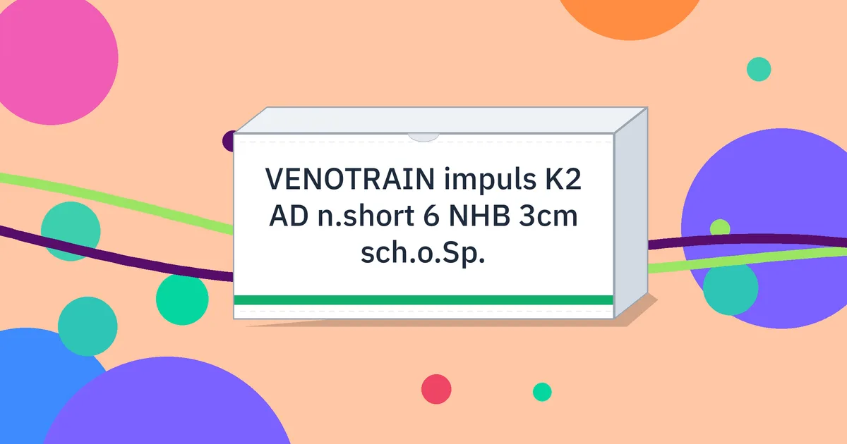 Symbolbild: Packung mit der Aufschrift VENOTRAIN impuls K2 AD n.short 6 NHB 3cm sch.o.Sp. (PZN 00653009) – Verfügbarkeit und Bezug in Apotheken in Frankfurt am Main