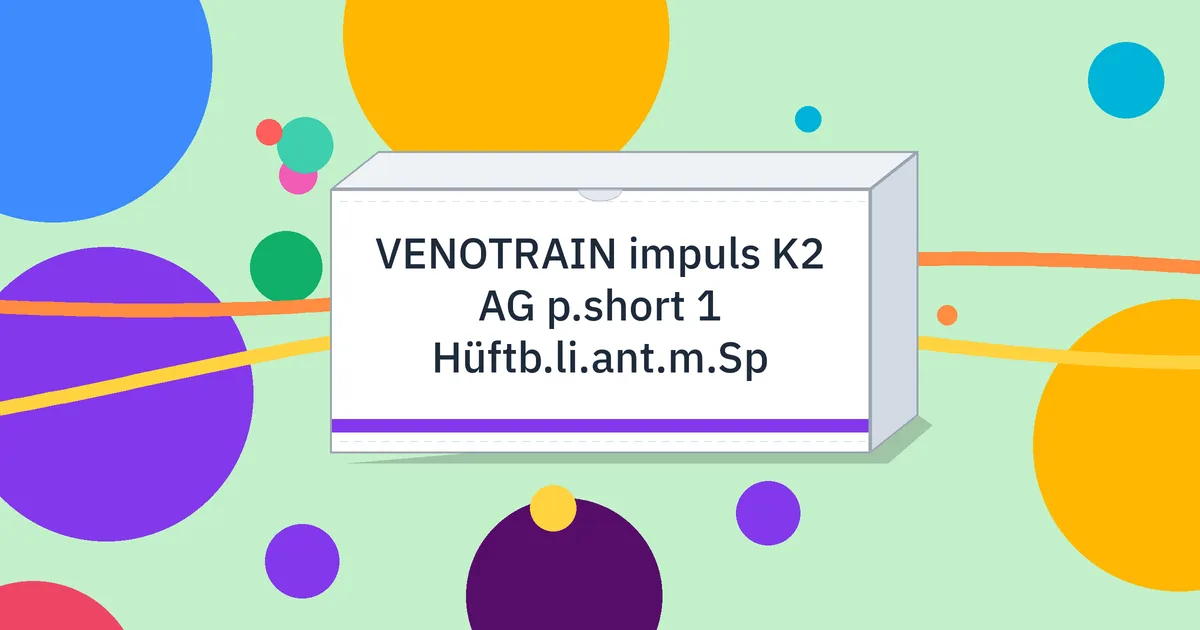 Symbolbild: Packung mit der Aufschrift VENOTRAIN impuls K2 AG p.short 1 Hüftb.li.ant.m.Sp (PZN 15219448) – Verfügbarkeit und Bezug in Apotheken in Frankfurt am Main